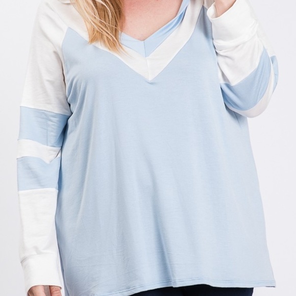 Tops | Plus Size Contrast Hooded Long Sleeve Top Blue | Poshmark